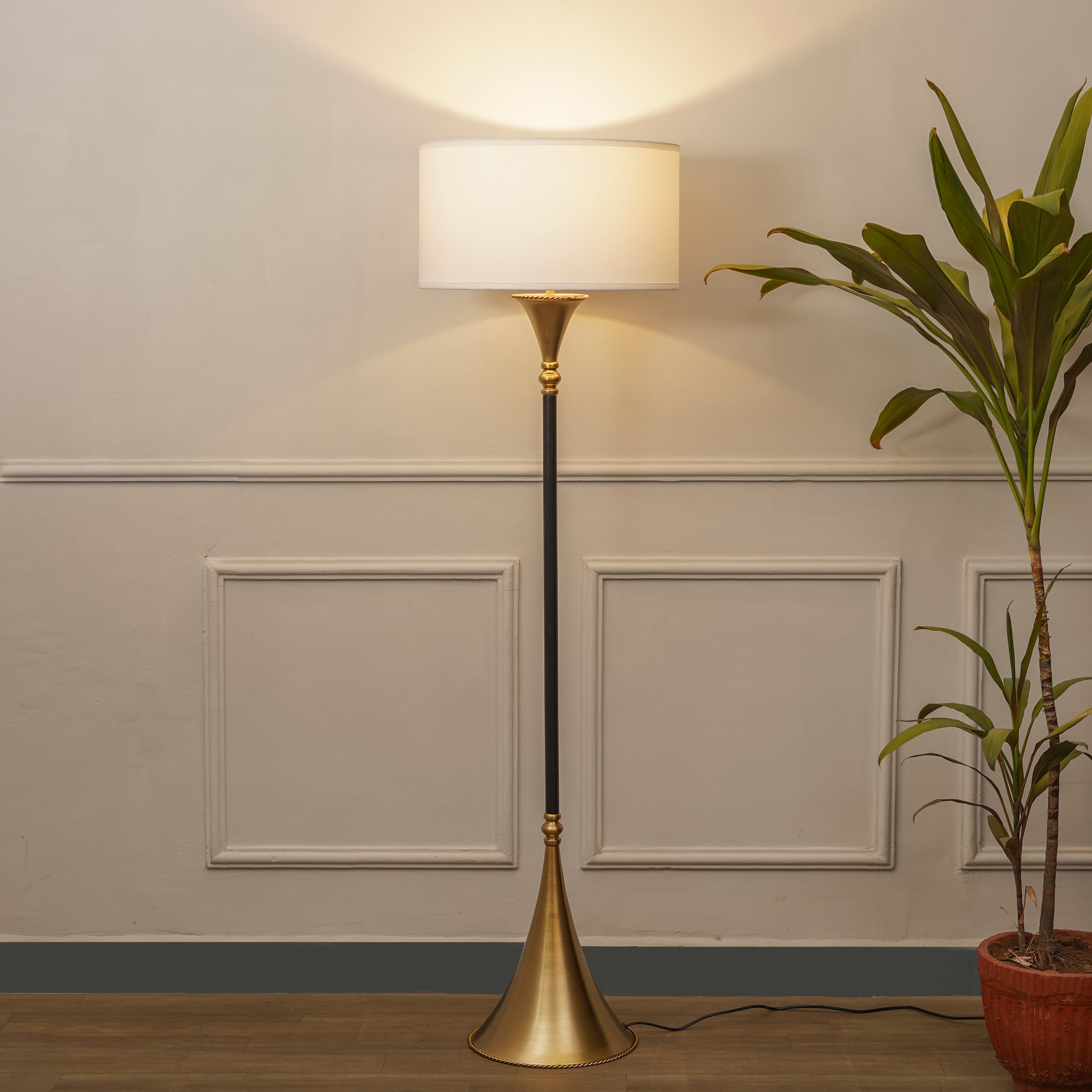 COLORADO Single Light Floor Lamp In Black & Brass Finish With Cotton F ...