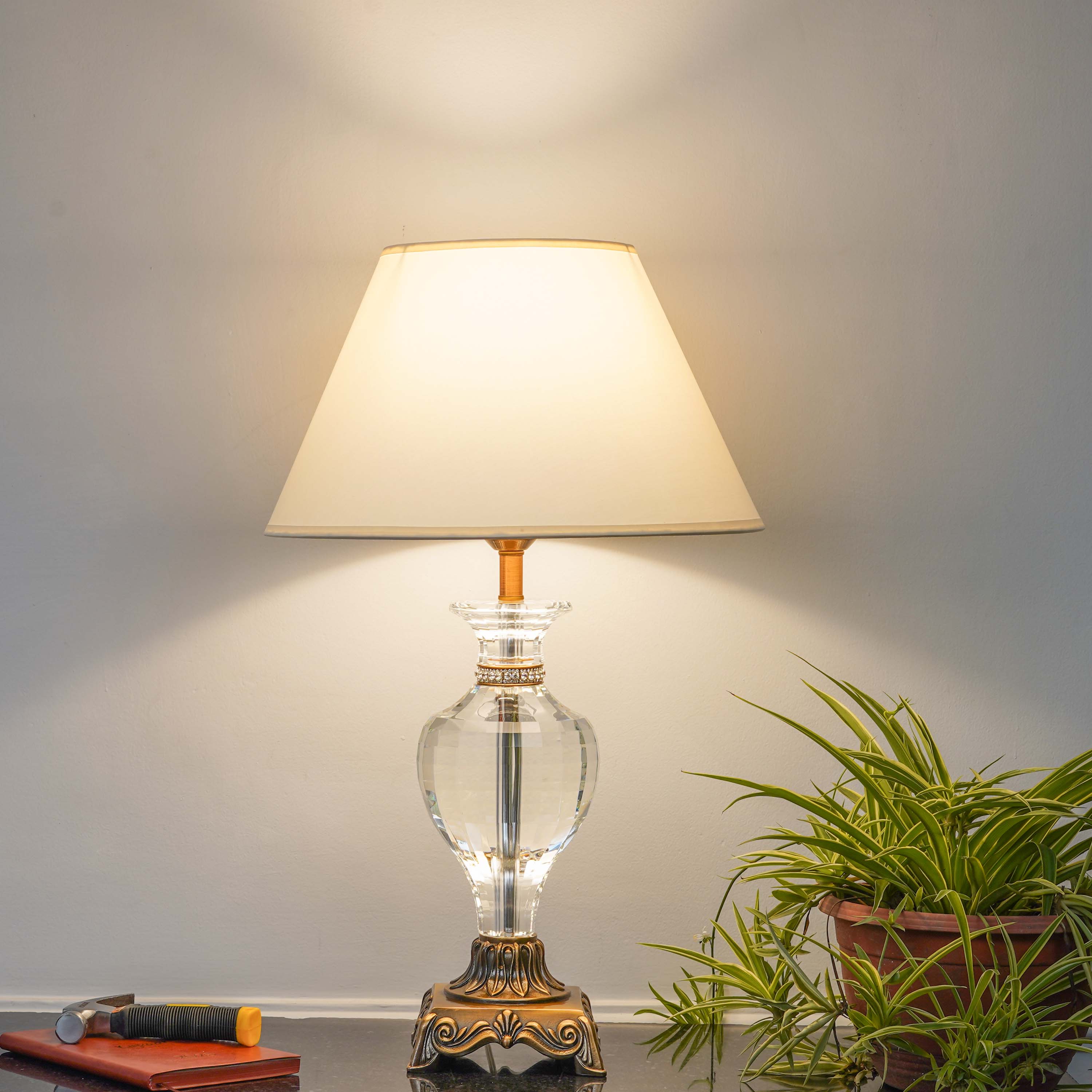 GLOSS Clear Crystal With Antique Brass Finish Table Lamp With White Co ...