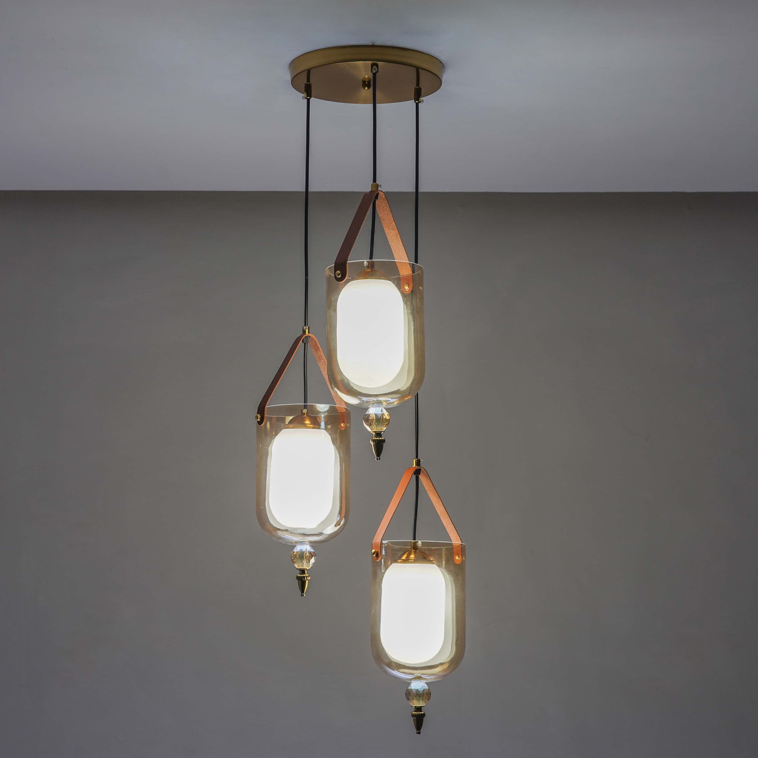 FILO 3 Light Cascade Ceiling Pendant In Brass Finish Metal And Brown L ...