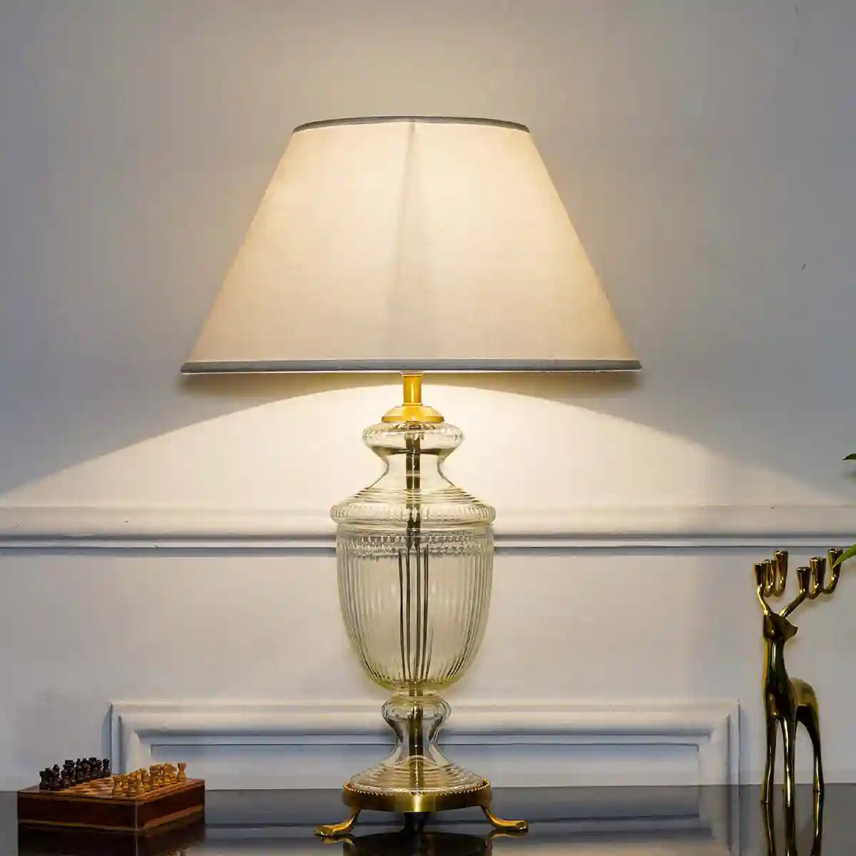 OLEANA hand cut glass and brass casted base Table Lamp With Off White ...