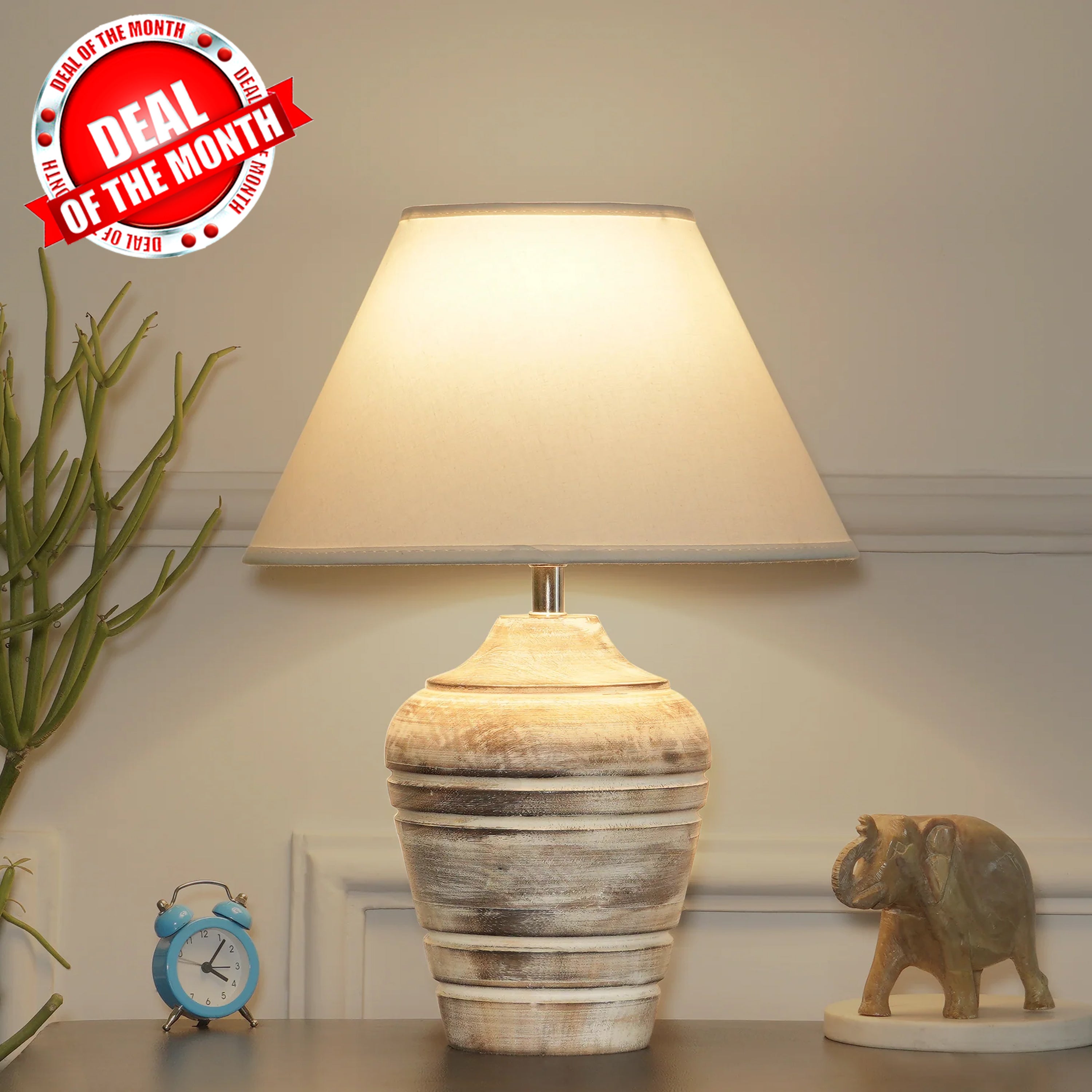 PROVA distress white wood table lamp With Cotton Fabric Shade – KAPOOR ...