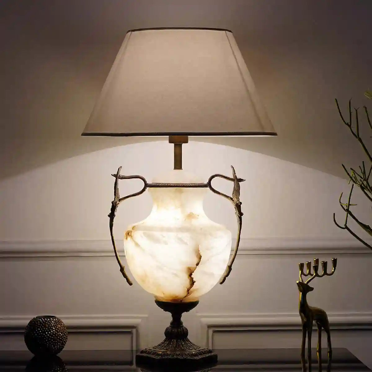 PROVENCE Real Alabaster Stone And Brass Table Lamp With White Cotton S ...