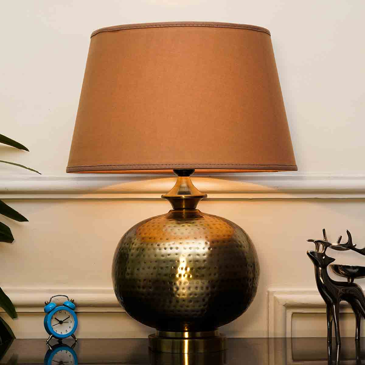 Peony Brass Finish Table Lamp With Beige Cotton Shade – KAPOOR-E ...